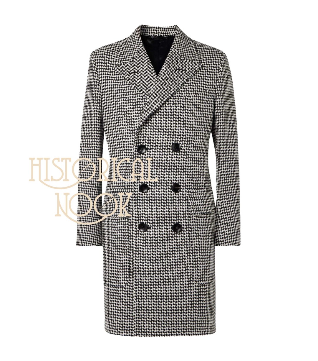 Men's Double-breasted Black White Houndstooth Overcoat Peak Lapel 6 ...