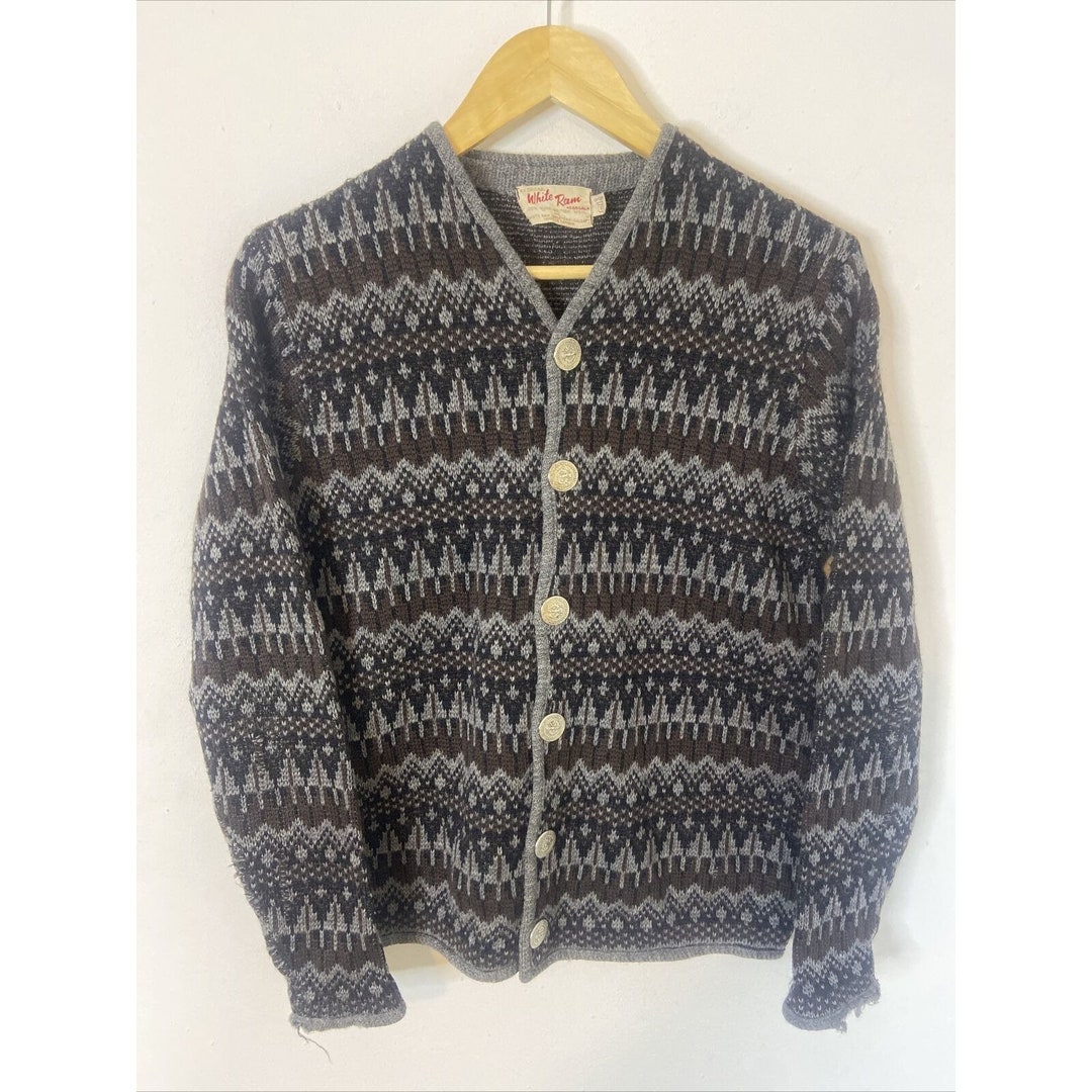 Vintage White Ram Woman M Nordic Wool Ski Lodge Cardigan Sweater Knit ...
