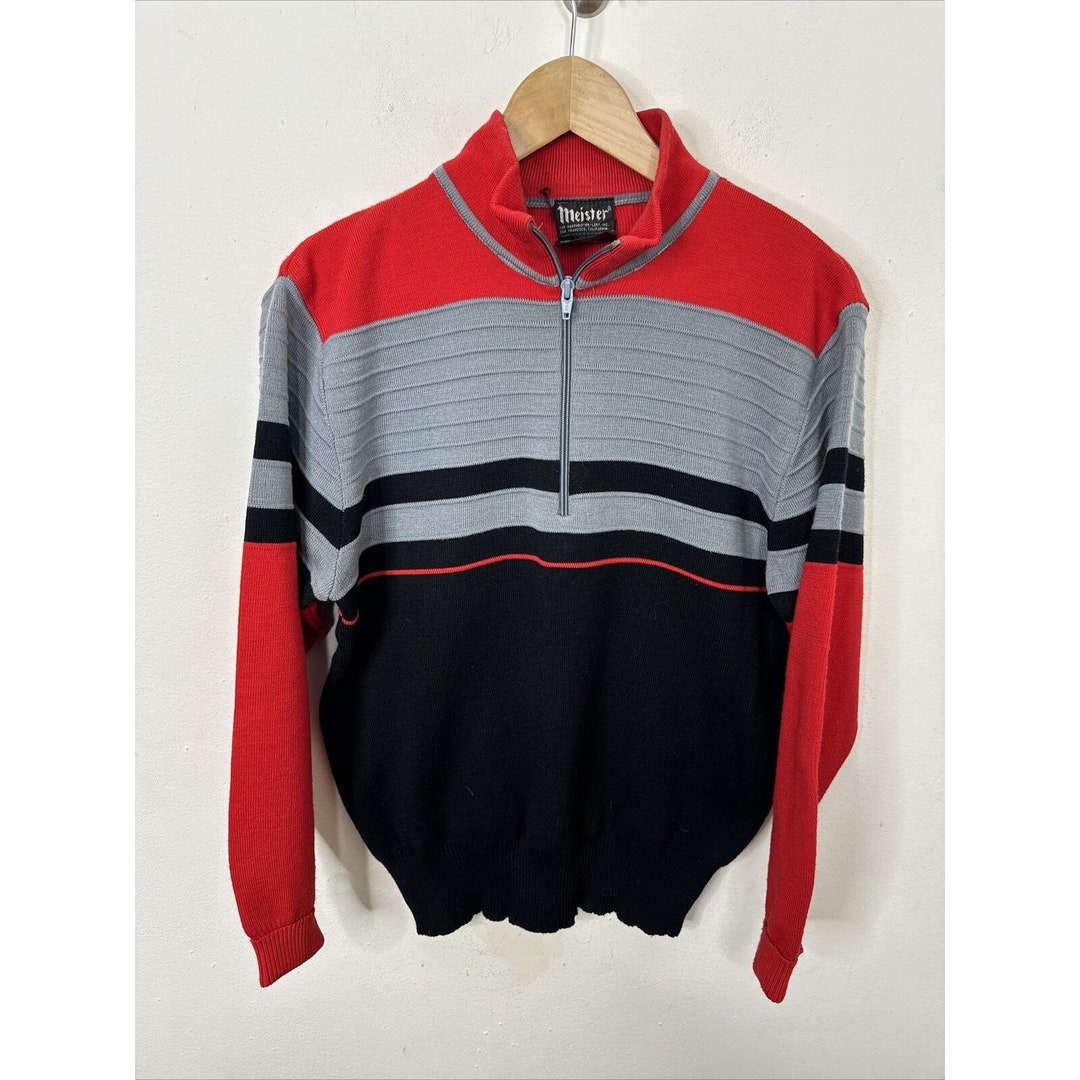 Vtg 80s MEISTER Sweater Pullover 1/4 Zip Black Red Gray Wool Blend SKI ...