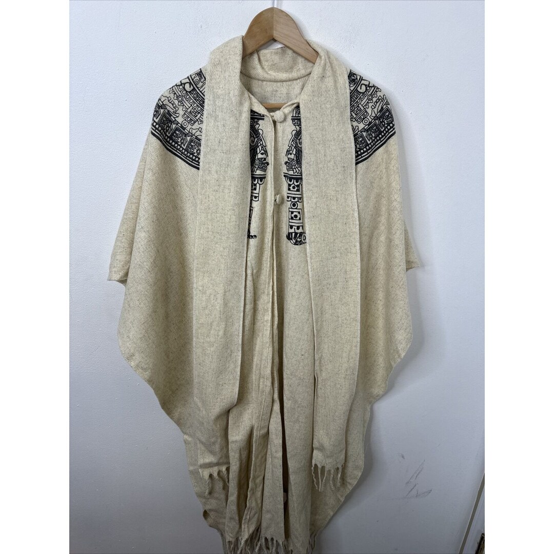 Vintage Mayan Calendar Winter Cape Cozy Rustic Poncho Boho Fringe Shawl ...
