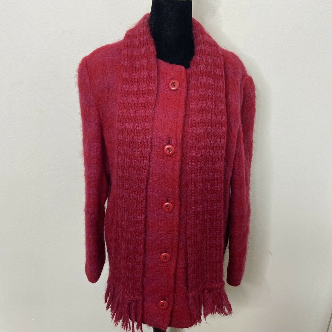 Vintage Donegal Design Woman L Mohair Wool Irish Jacket Red /w Scarf ...