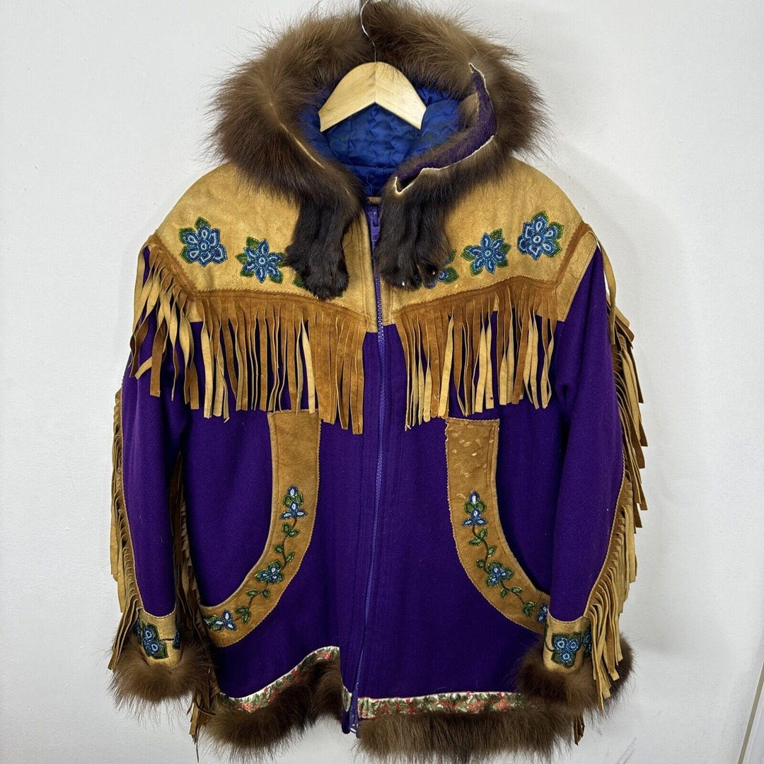 Vintage Indigenous Canadian Métis Beaded Tassels Wool Coat Fur Woman XL ...