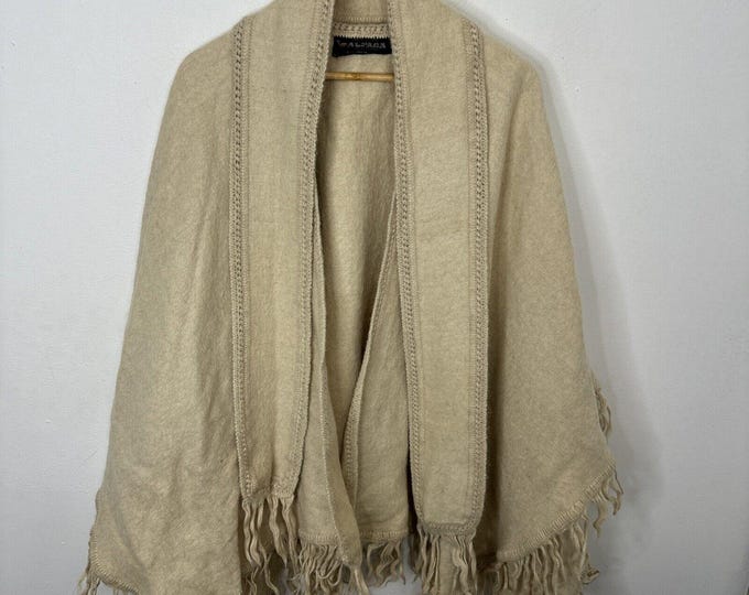 Alpaca Peruvian Cape Poncho Wrap Open Cardigan Fringe Woman M Beige ...