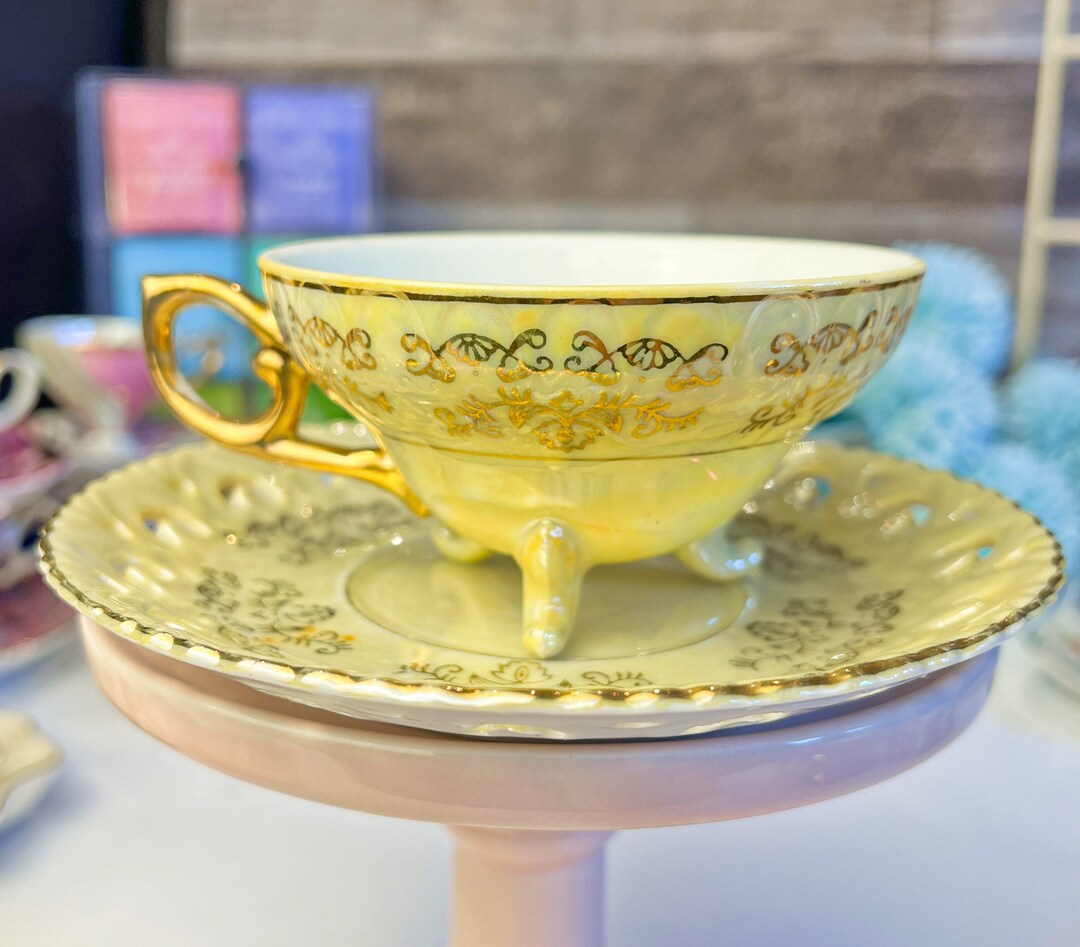 Vintage Yellow Porcelain Teacup With Iridescent Luster Finish and Gold ...