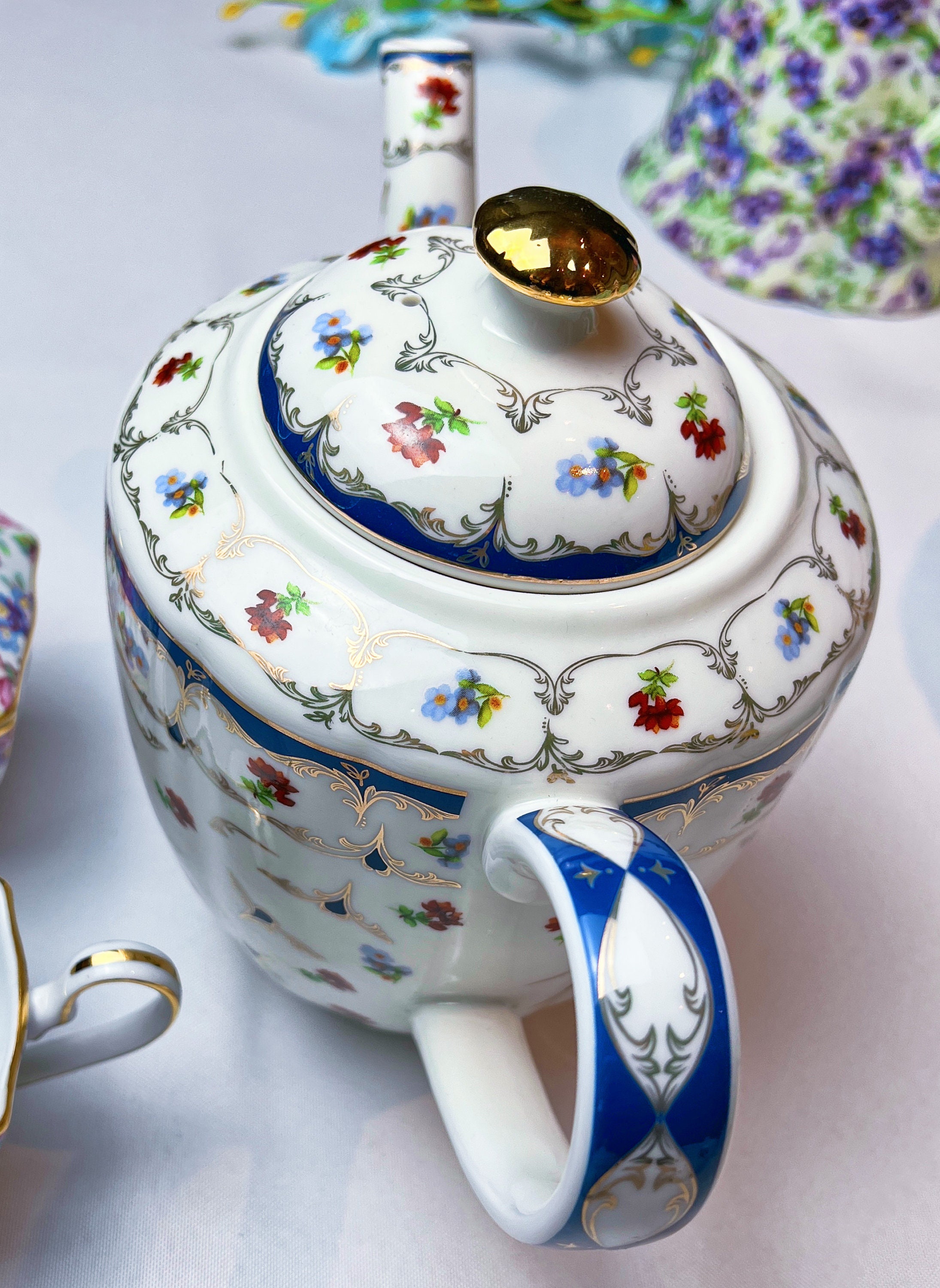 Vintage Royal Blue Godinger Floral Garland Teapot FREE Shipping - Etsy