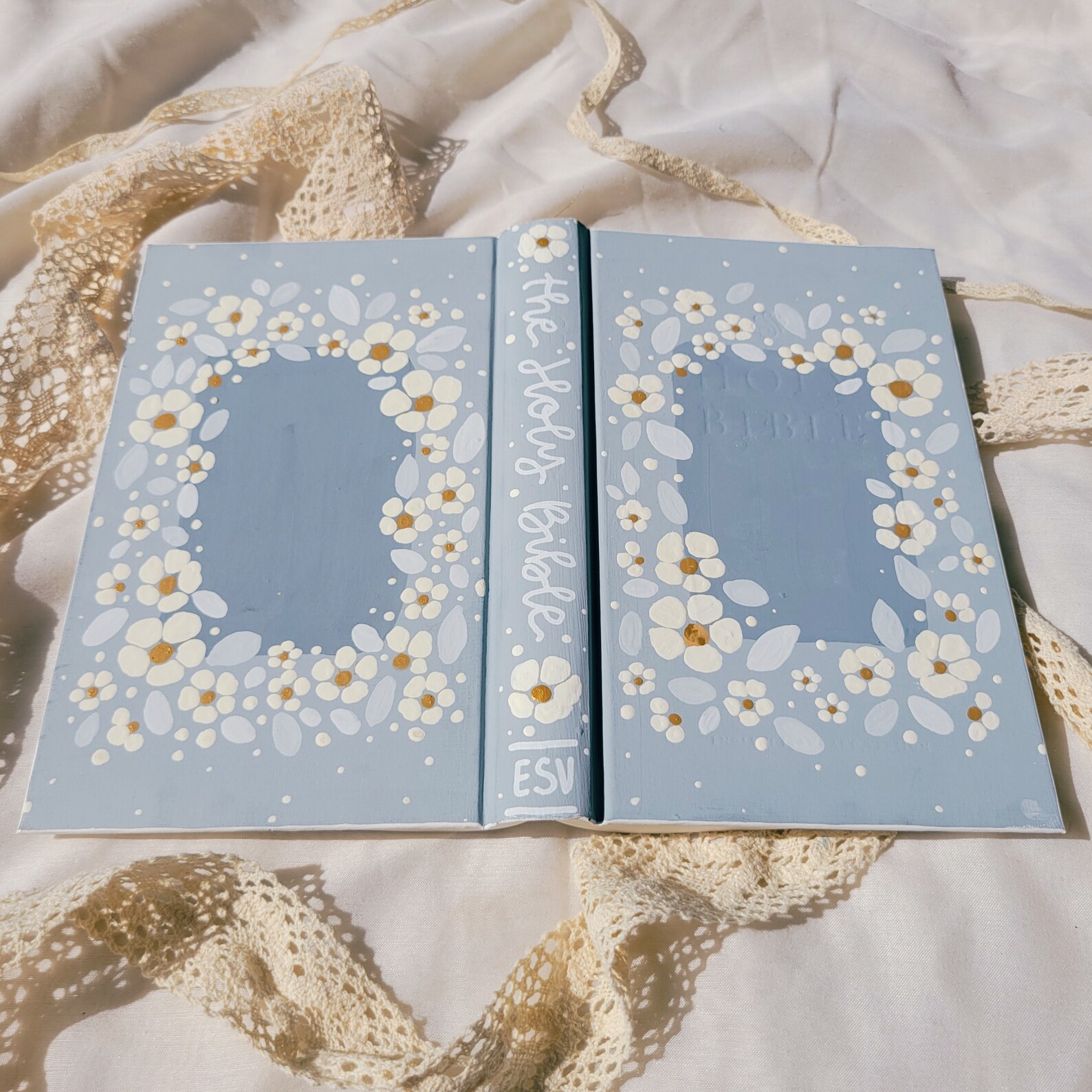 Painted Blue Flower Bible, Floral Bible With Custom Name, Blue ESV ...