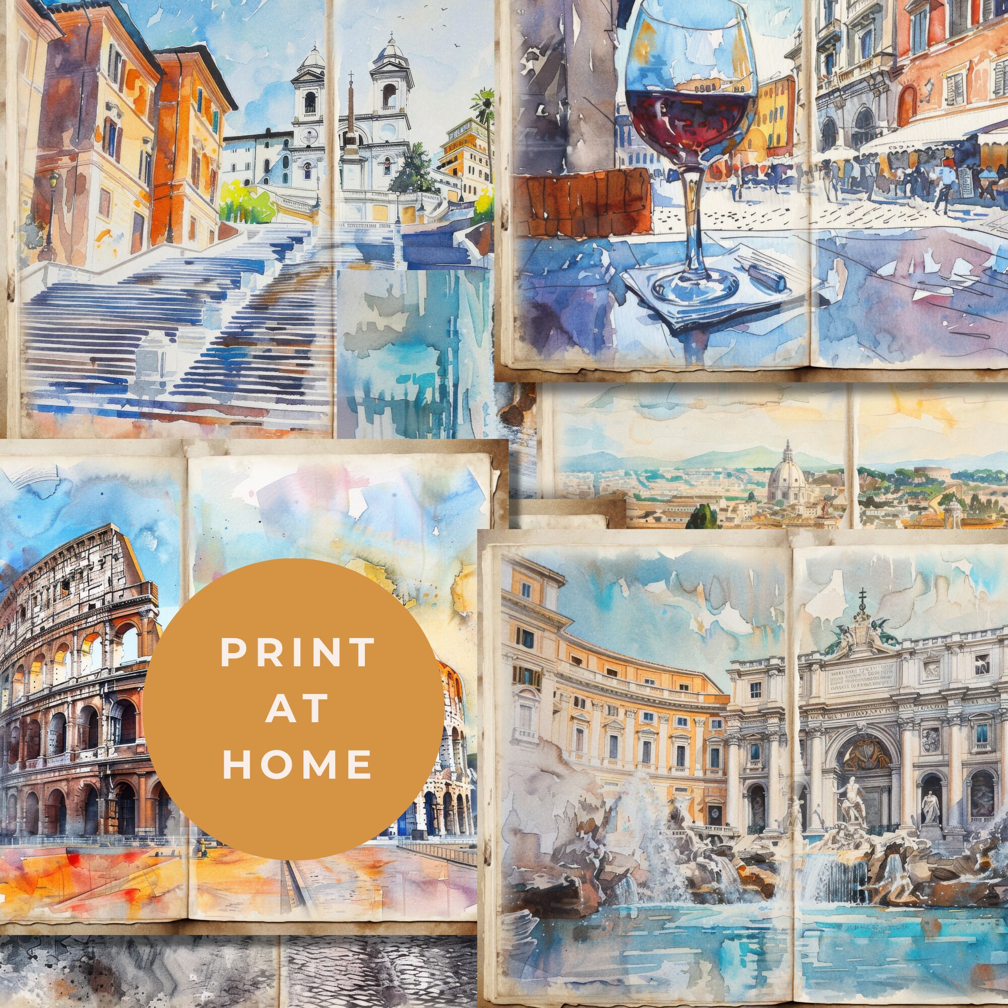Rome Travel Junk Journal Pages, Watercolor Italian Vista (digital ...
