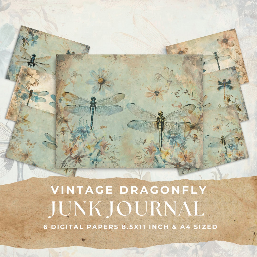 VINTAGE DRAGONFLY Junk Journal Digital Paper, 6 Vintage Digital Papers ...