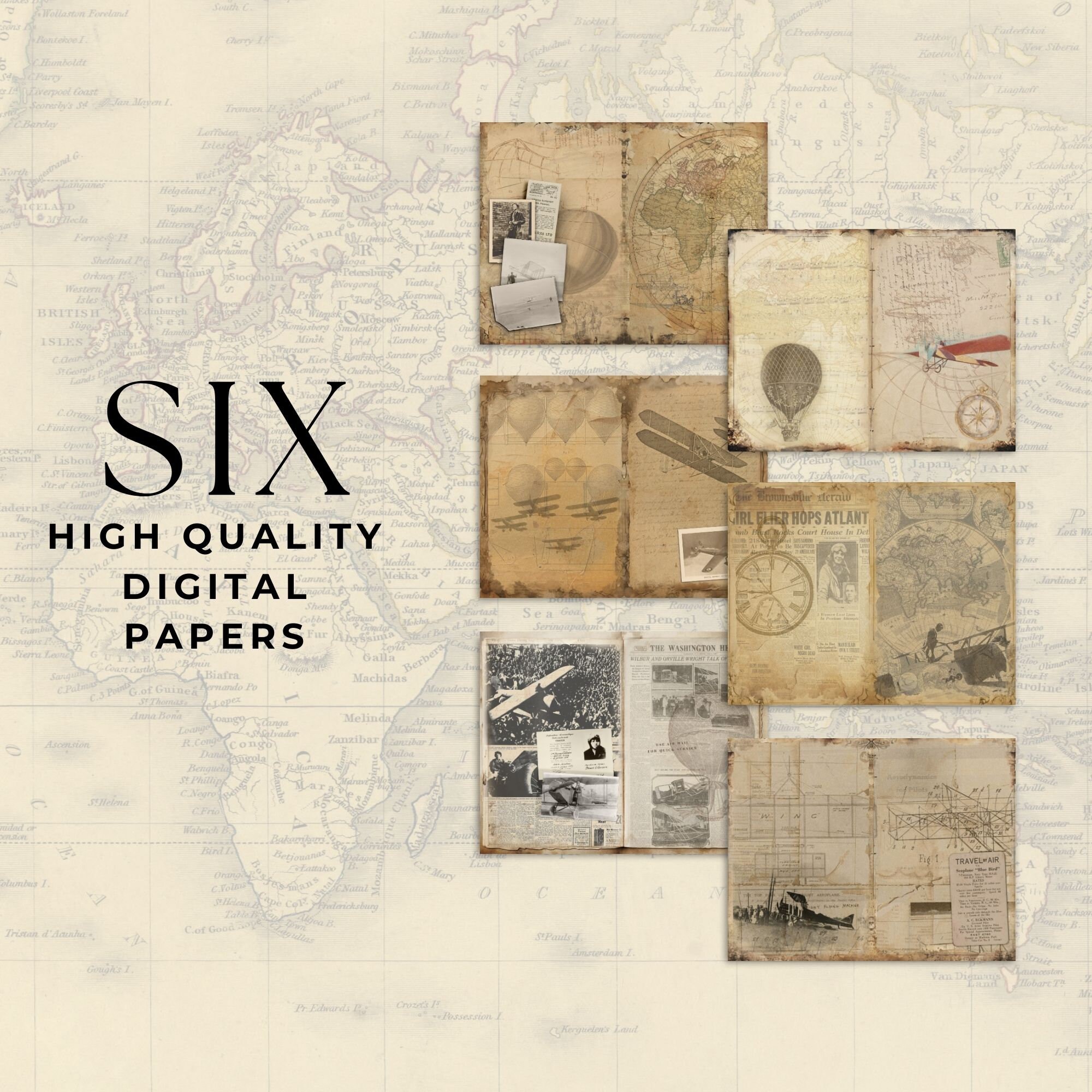 VINTAGE AVIATION Junk Journal Digital Paper, 6 Digital Journal Pages ...
