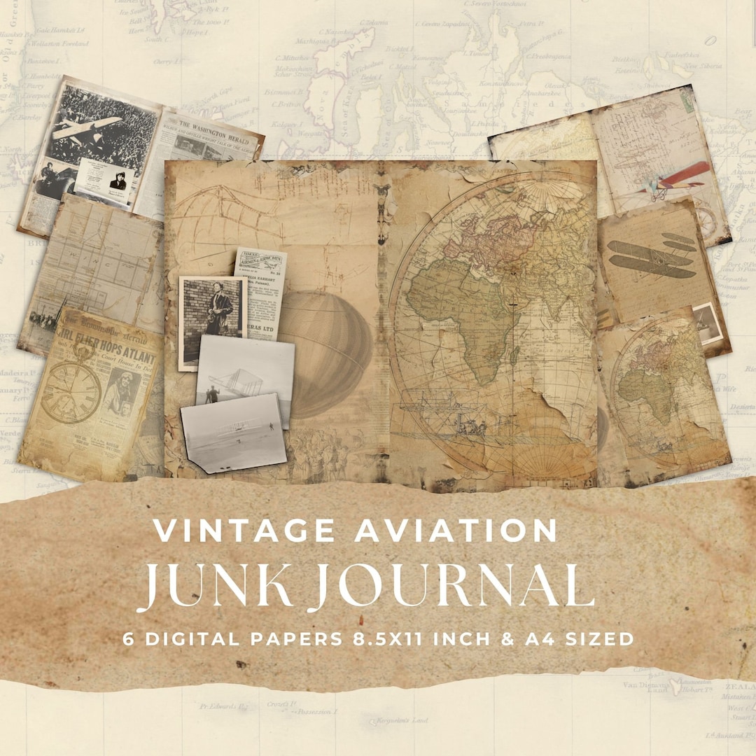 VINTAGE AVIATION Junk Journal Digital Paper, 6 Digital Journal Pages ...