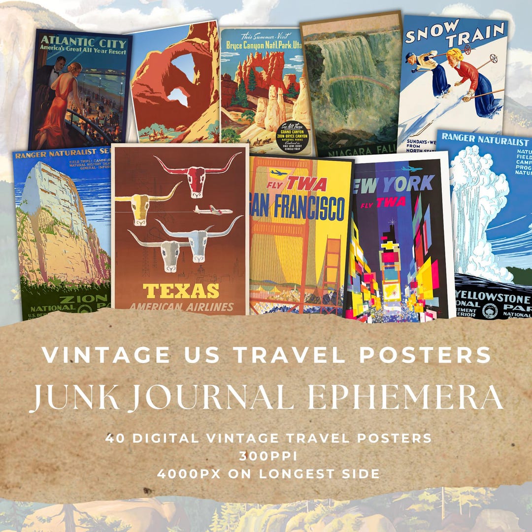 VINTAGE USA TRAVEL Posters, Junk Journal Ephemera, Printable Vintage ...