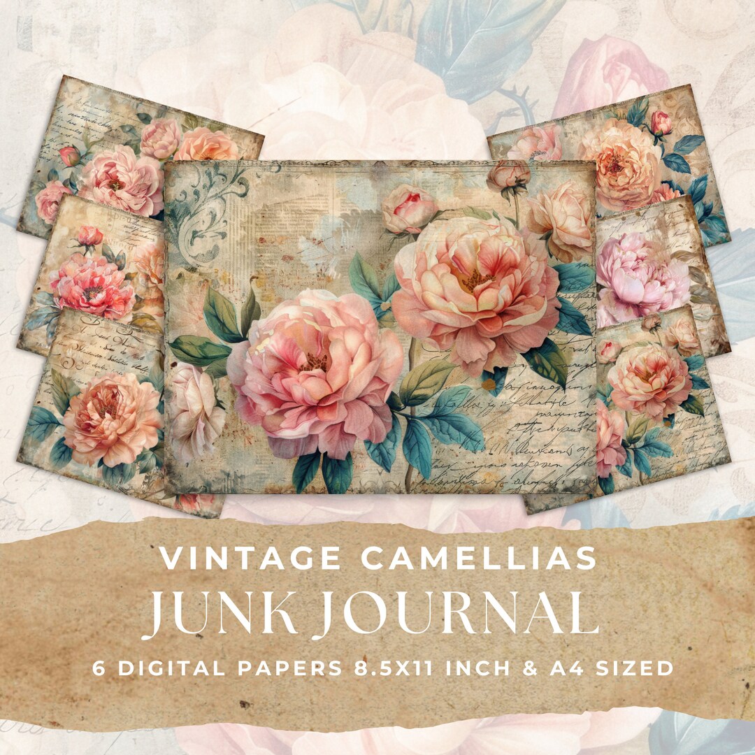 VINTAGE CAMELLIA Junk Journal Digital Paper, 6 Vintage Floral Digital ...