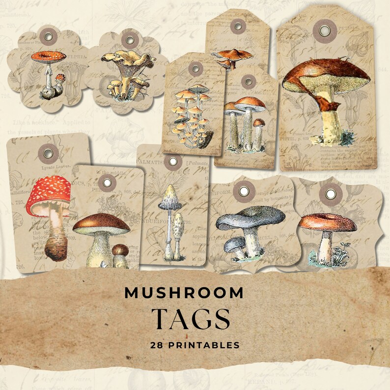 Vintage Mushroom Junk Journal Tags, Printable Ephemera (digital ...