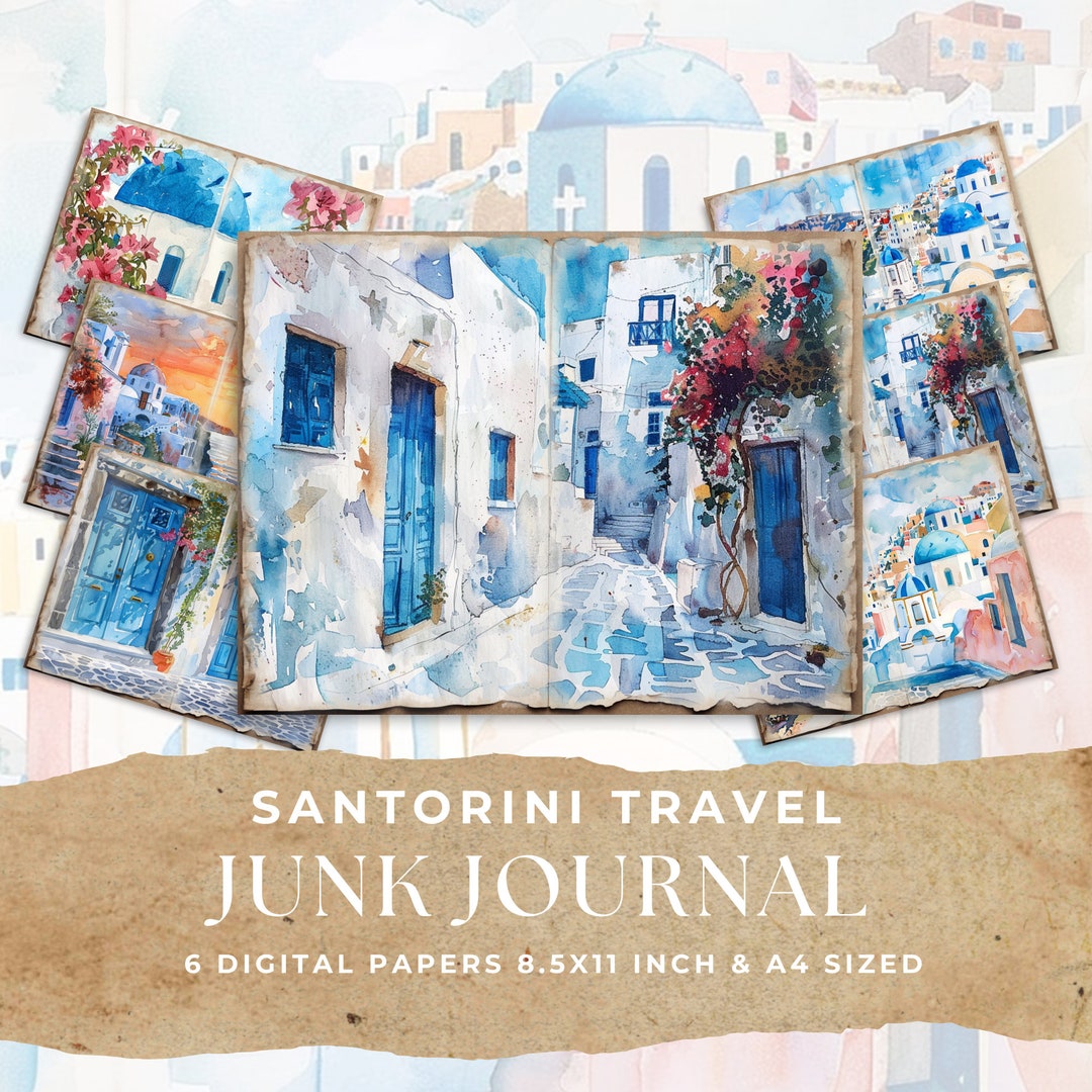 SANTORINI TRAVEL Junk Journal Digital Paper, 6 Travel Digital Paper ...
