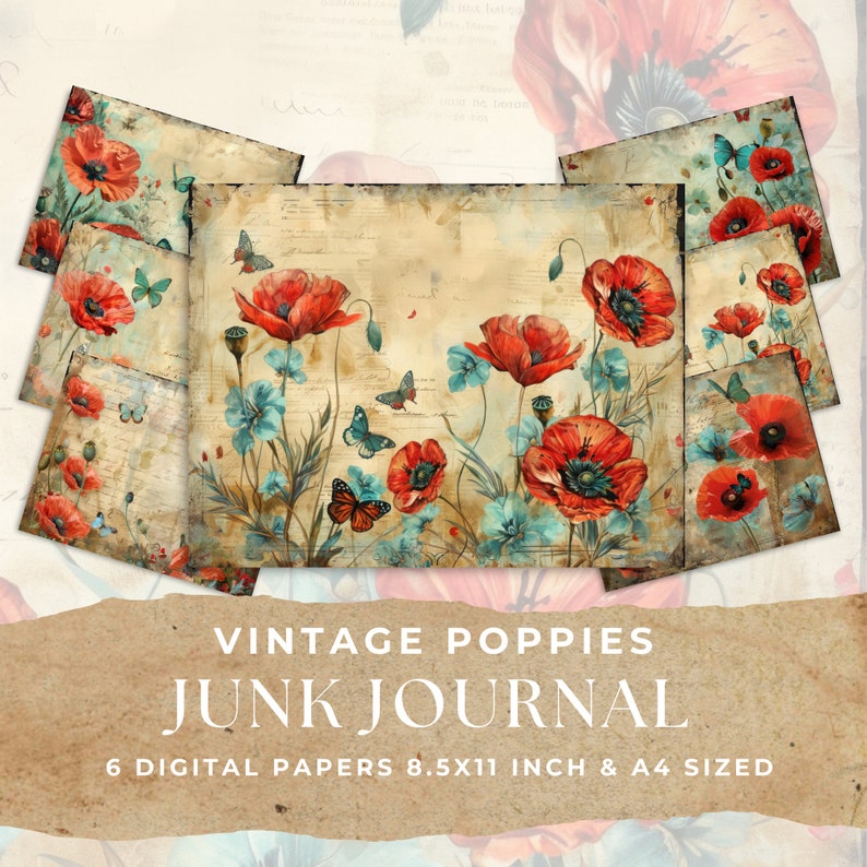 VINTAGE POPPIES Junk Journal Digital Paper, 6 Poppy & Teal Vintage ...