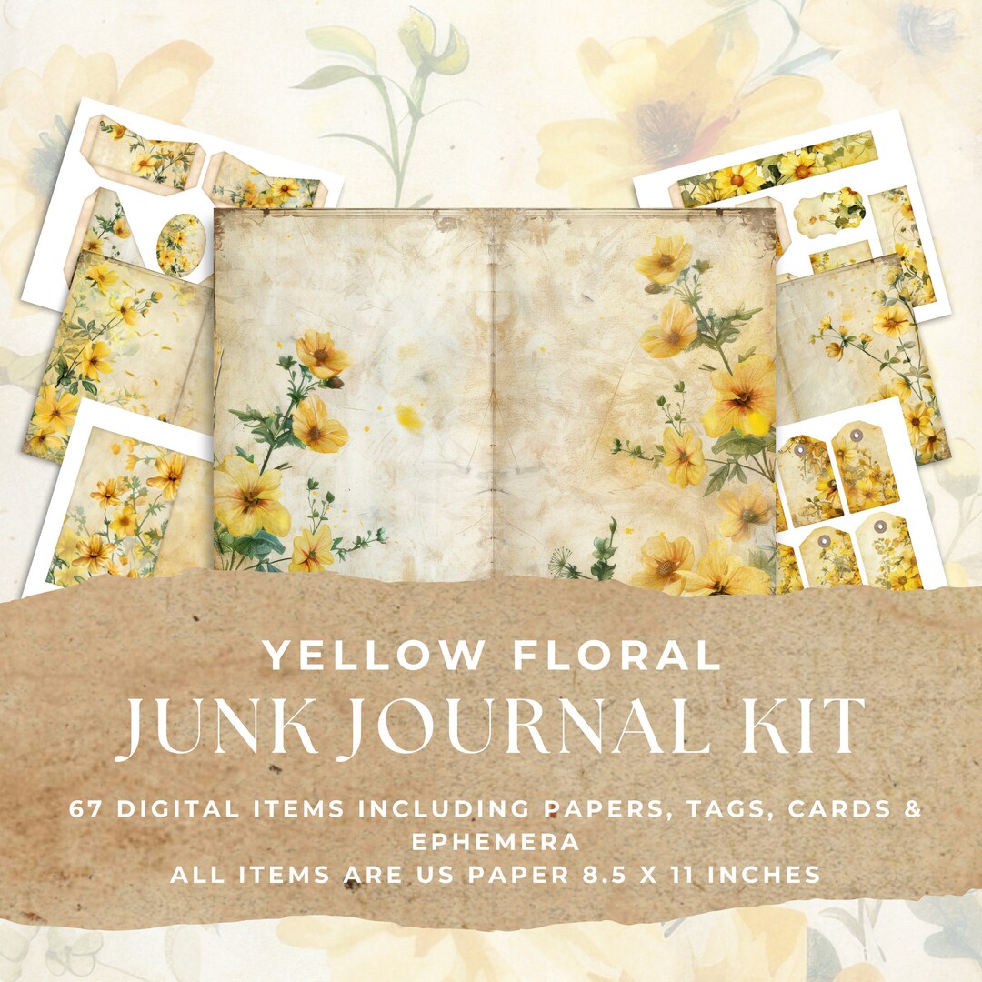 YELLOW FLORAL Junk Journal Kit, 67 Piece Vintage Yellow Flower ...