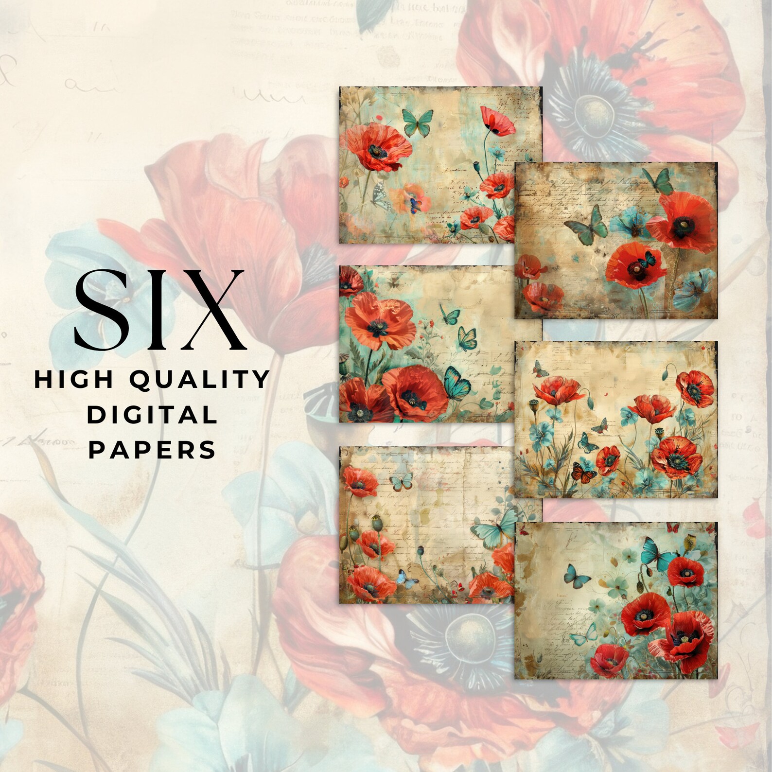 VINTAGE POPPIES Junk Journal Digital Paper, 6 Poppy & Teal Vintage ...