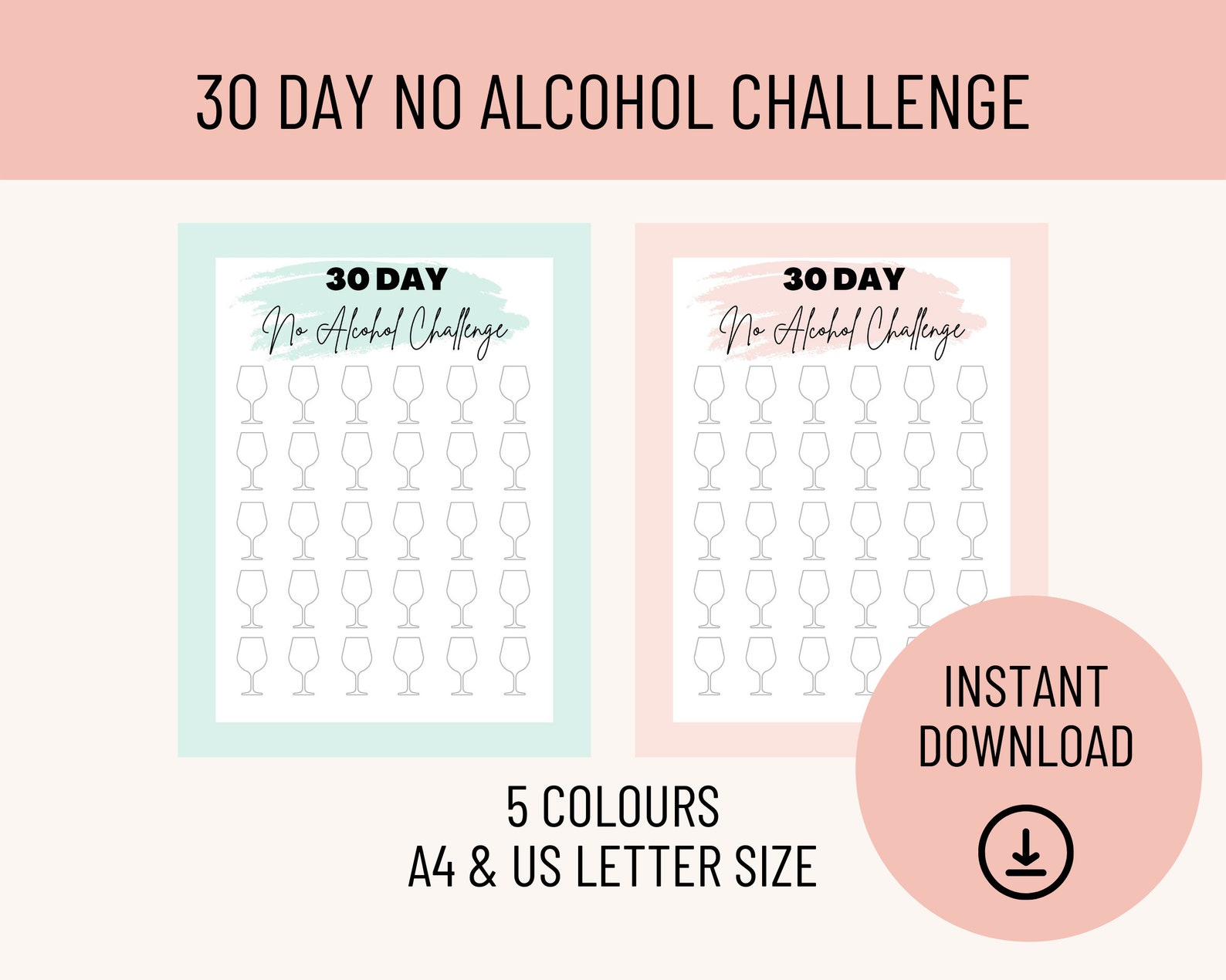 30 DAY NO ALCOHOL Challenge Printable | Alcohol Free Challenge ...