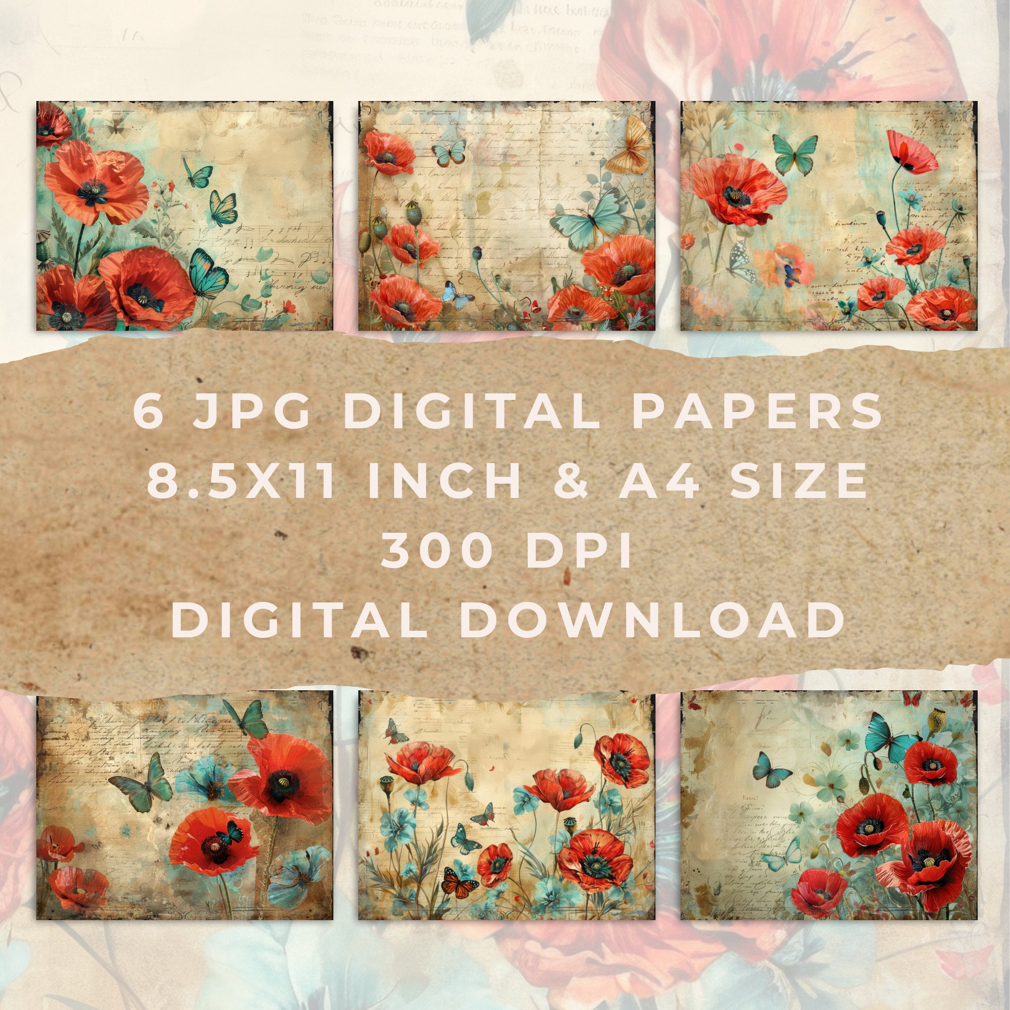 VINTAGE POPPIES Junk Journal Digital Paper, 6 Poppy & Teal Vintage ...
