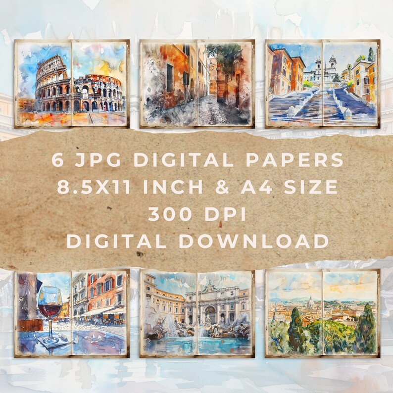 Rome Travel Junk Journal Pages, Watercolor Italian Vista (digital ...