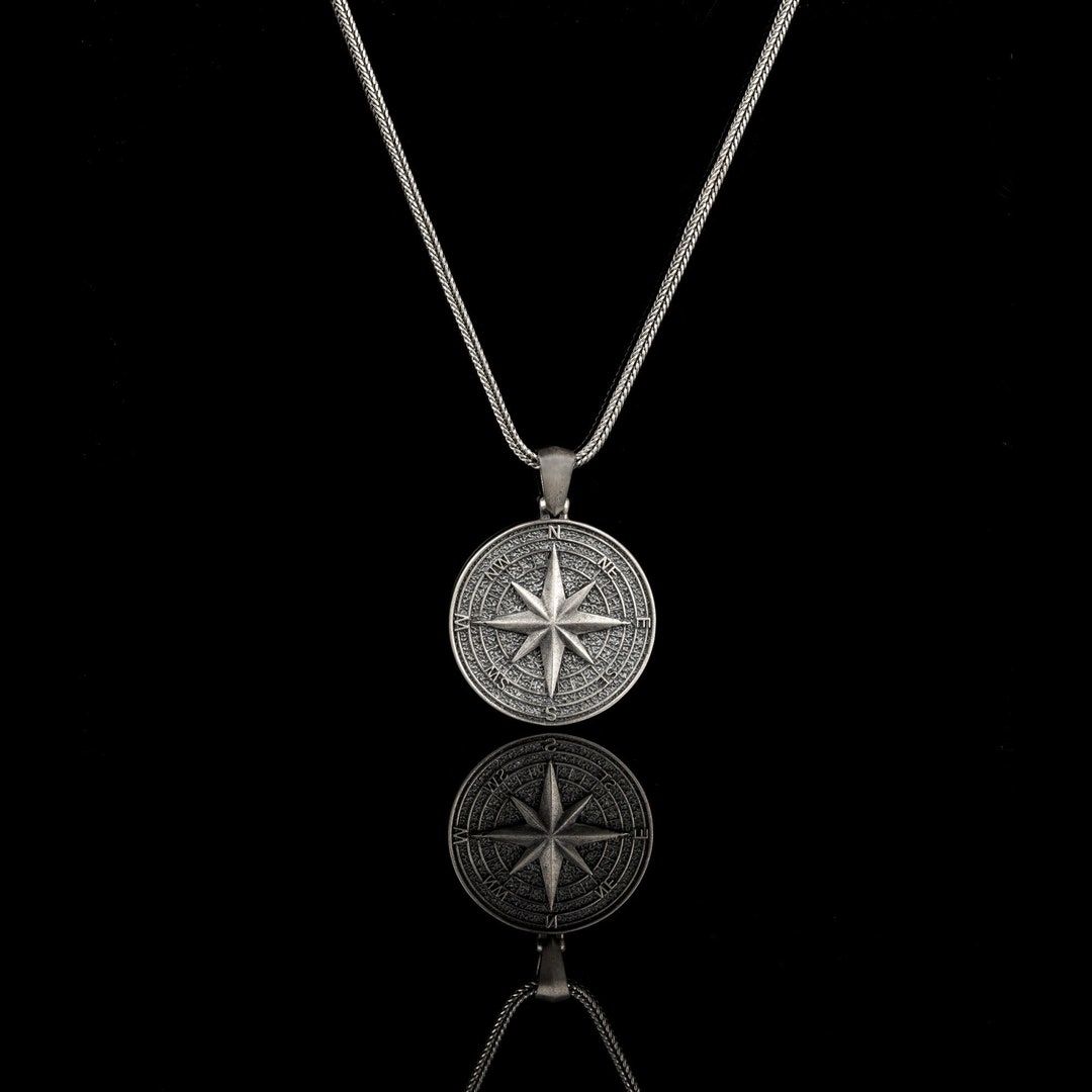 Engraved Silver Compass Pendant Necklace, North Star Jewelry ...