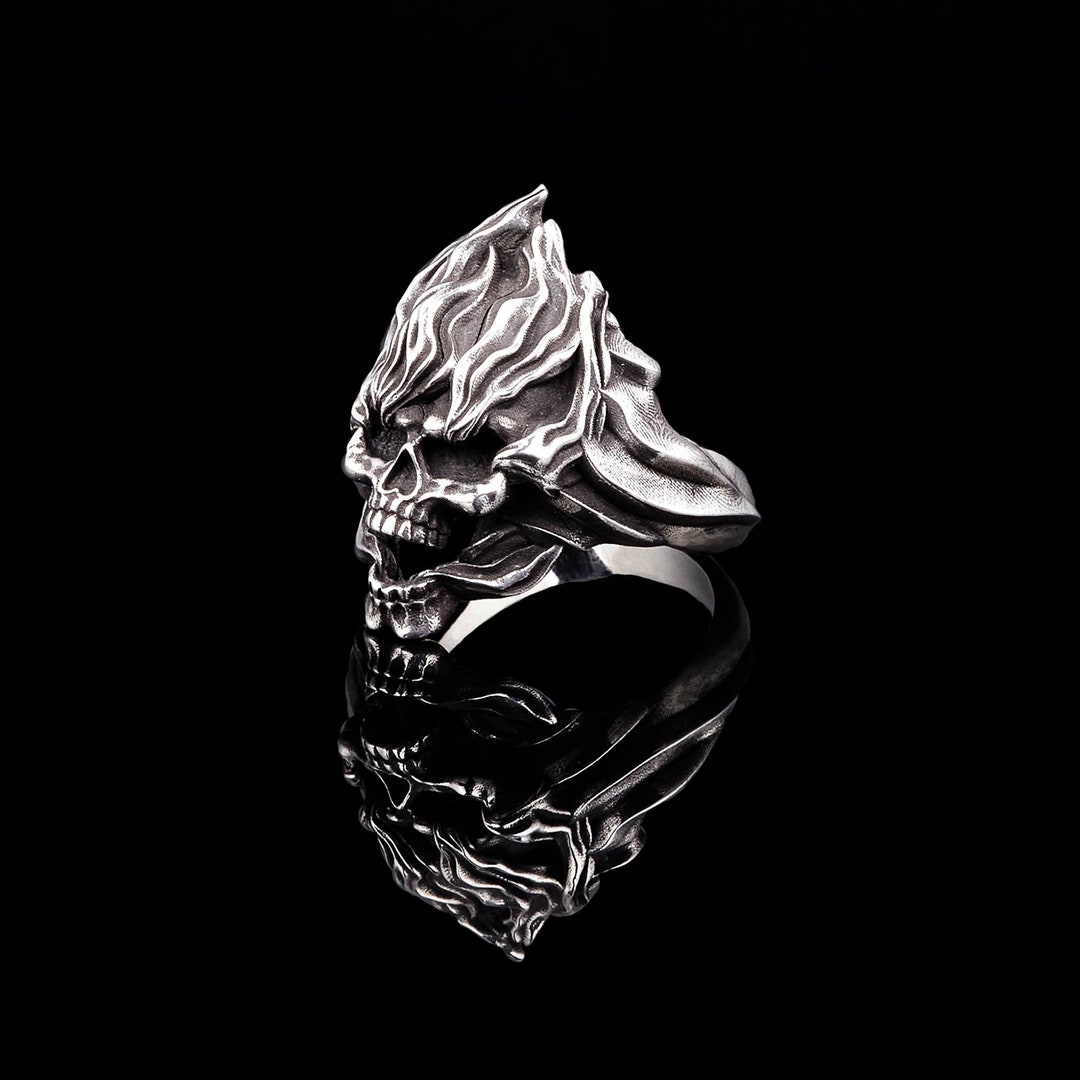 925 Silver Fire Skull Ring, Engraved Unisex Skeleton Jewelry, Gift for ...