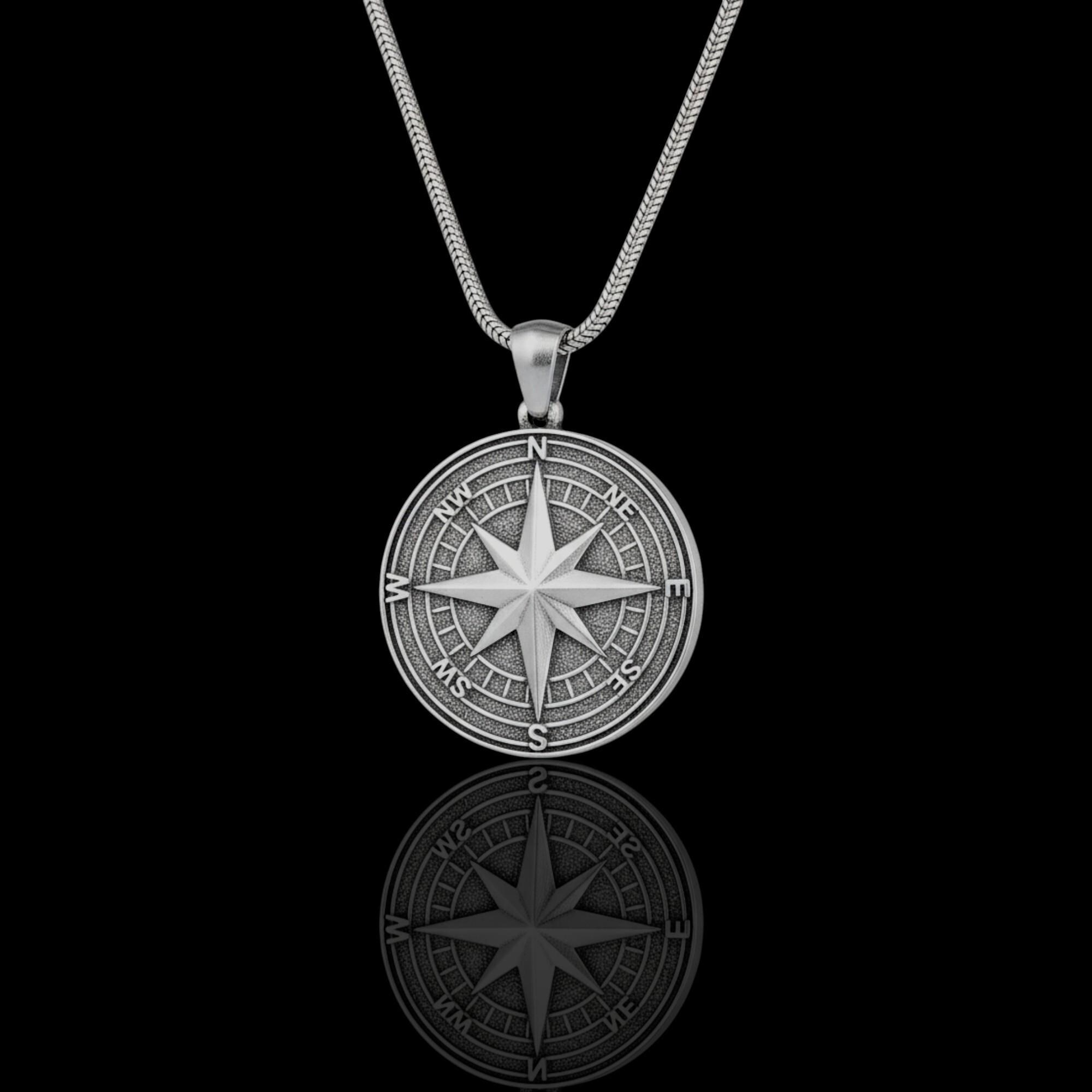 Sterling Silver Engraved Compass Necklace, North Star Pendant, Unisex ...