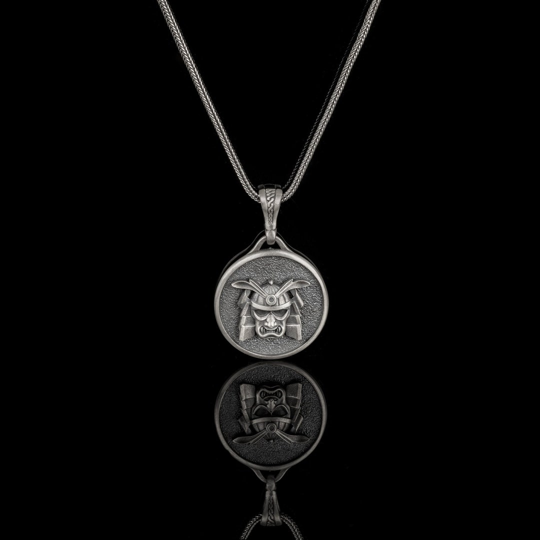 Engraved Samurai Necklace, Silver Samurai Mask Pendant, Japanese ...