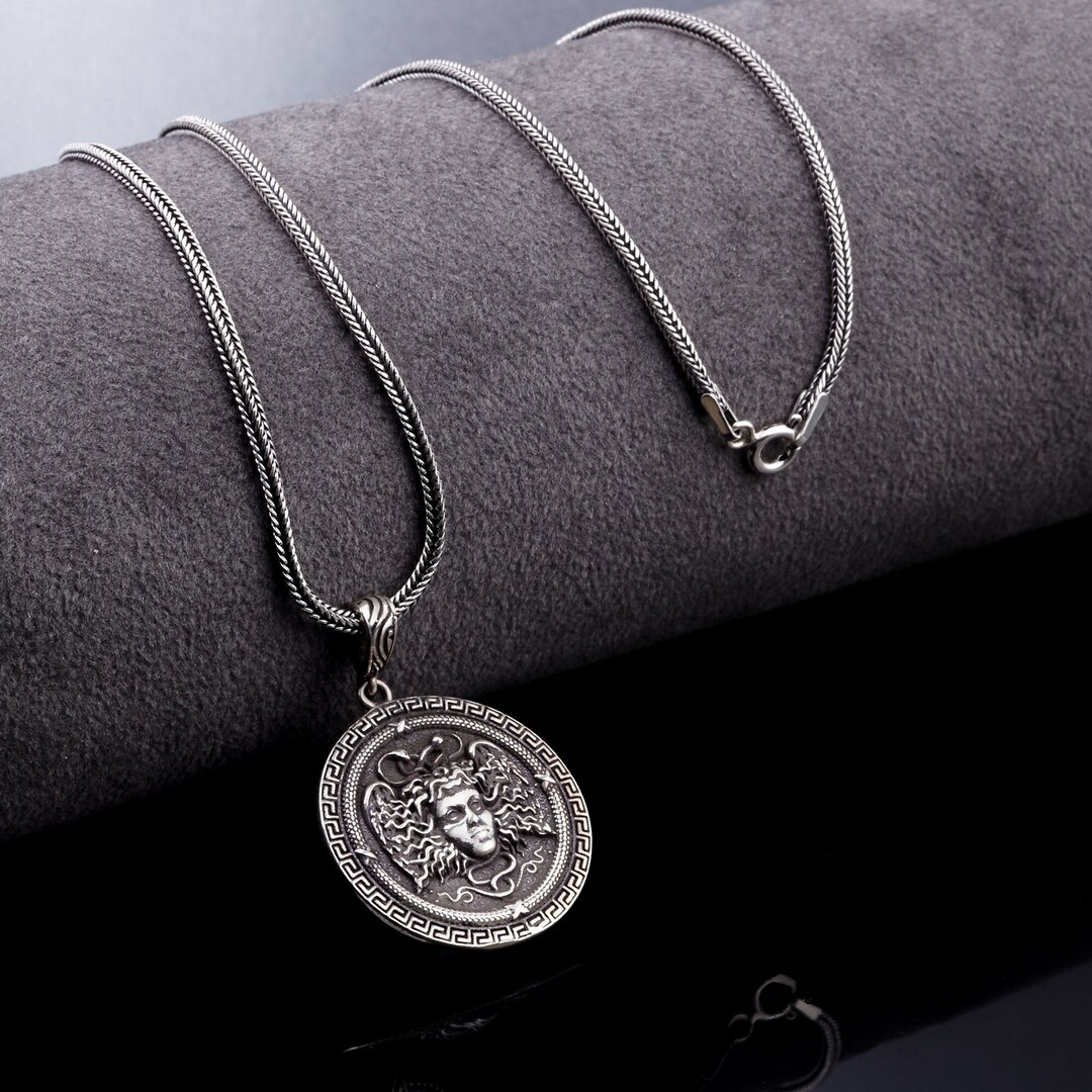 Gorgon Medusa Necklace, Silver Perseus Necklace, Oxidized Double Sided ...