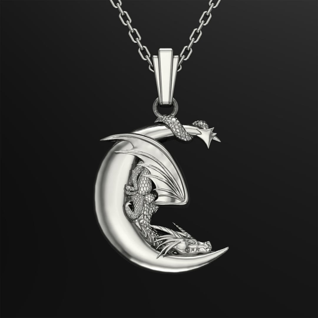 Moon Dragon Pendant Necklace in Oxidized Silver, Unique Gift for Women ...