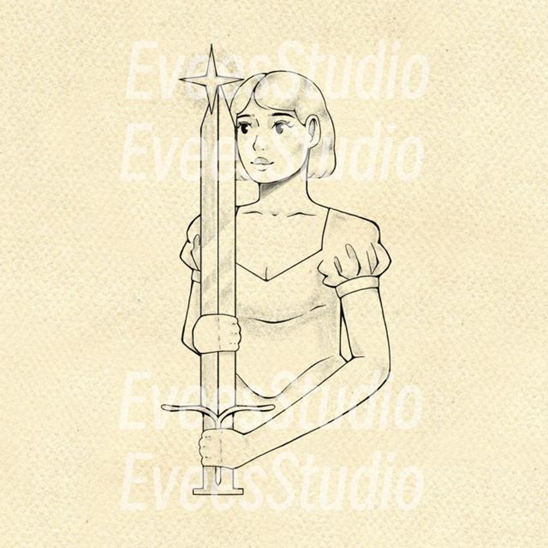 Woman With Sword Temporary Tattoo, Cottagecore Tattoo, Woman Knight ...