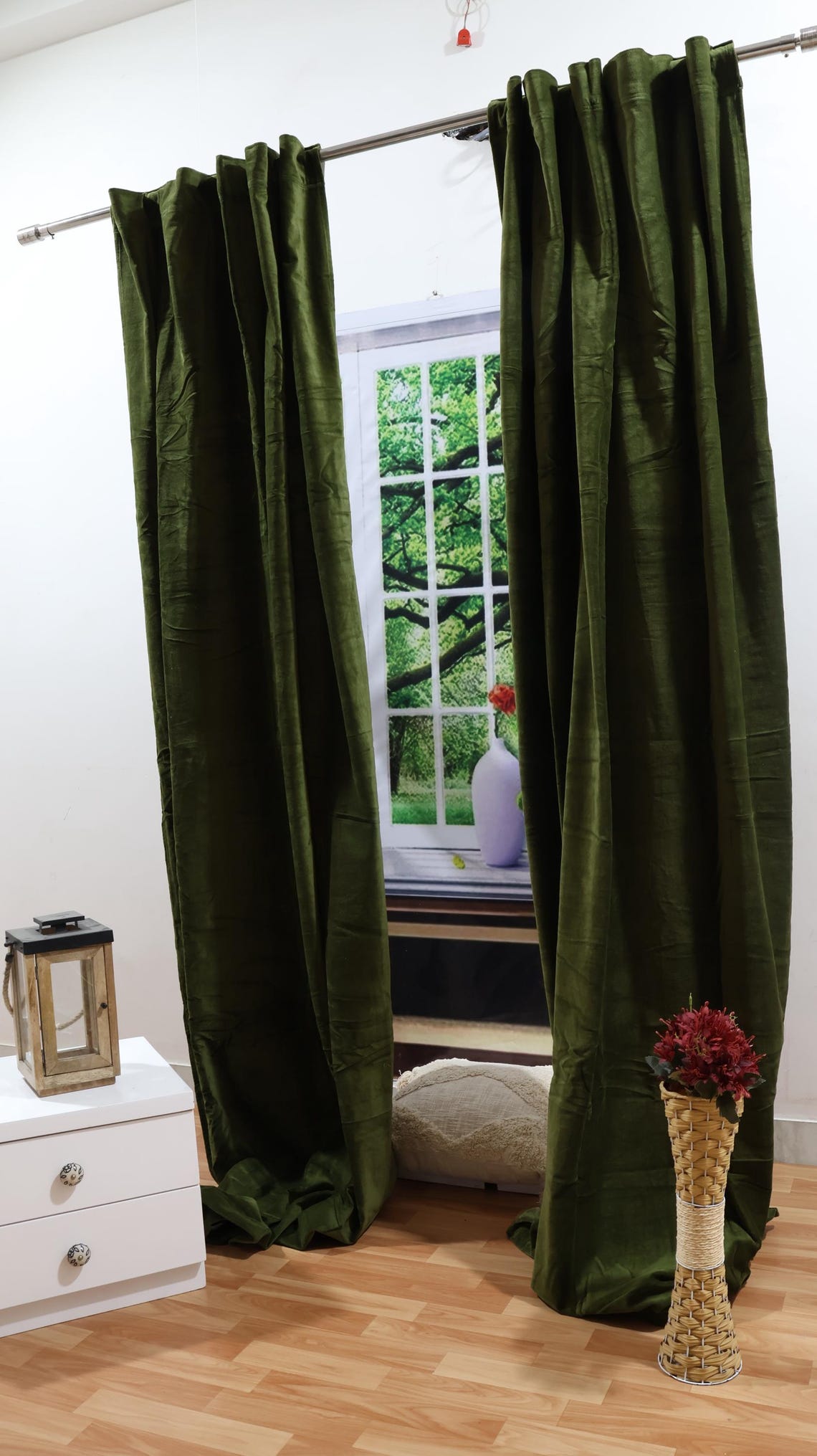 Handmade Olive Green Velvet Curtains: Solid Color Window & Door Drapes ...