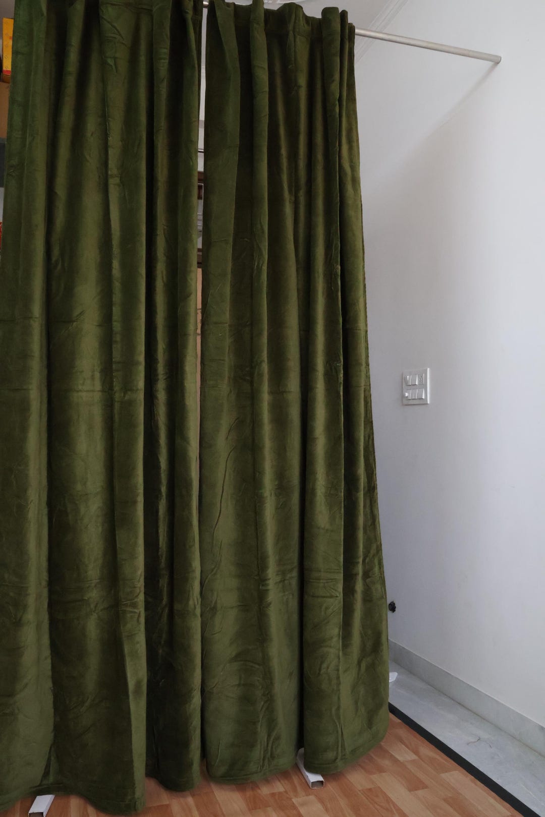 Handmade Olive Green Velvet Curtain Set: Living Room Window Drapes ...