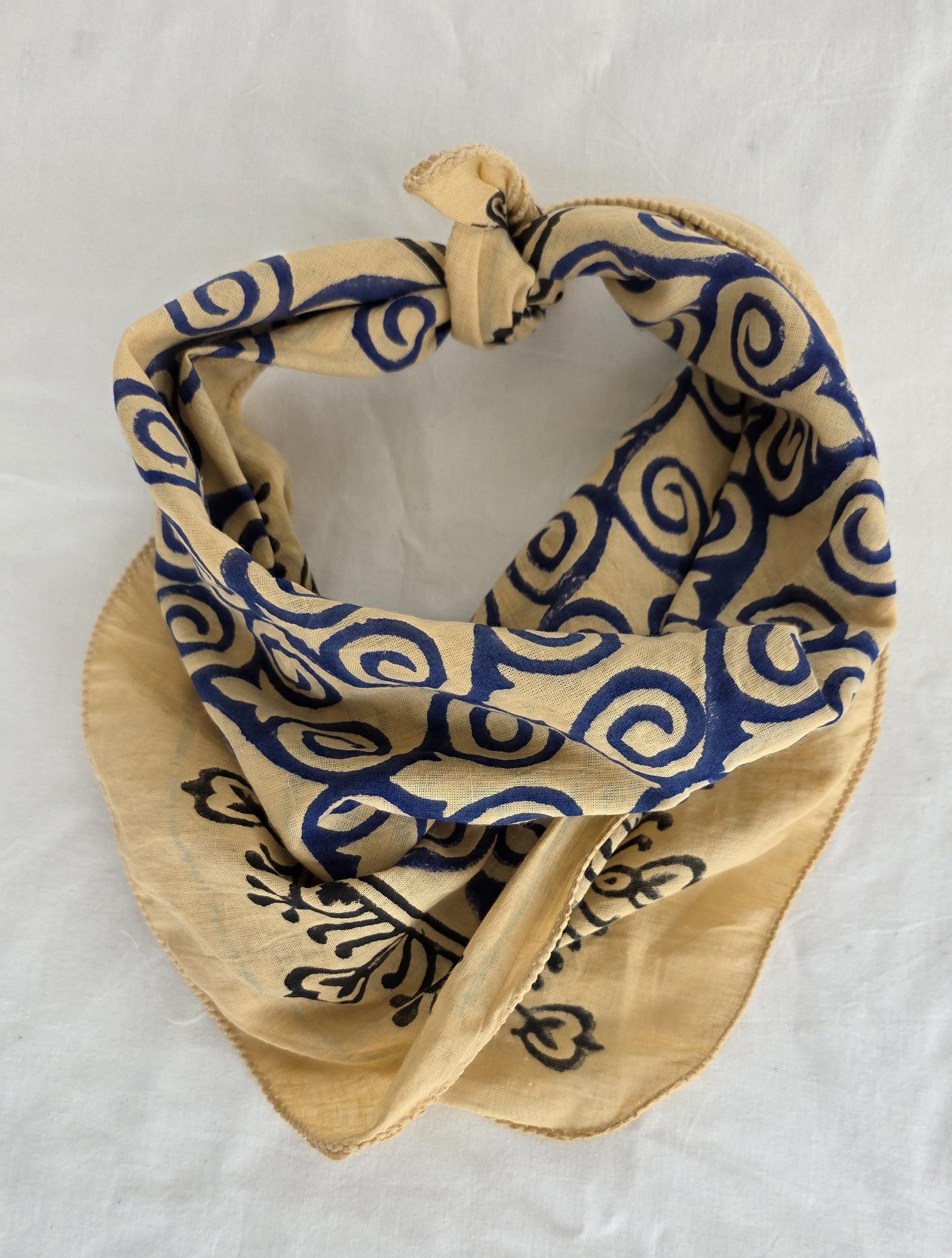 Hand Block Print Cotton Bandana Scarf - Beige Bohemian Head Wrap Indian ...