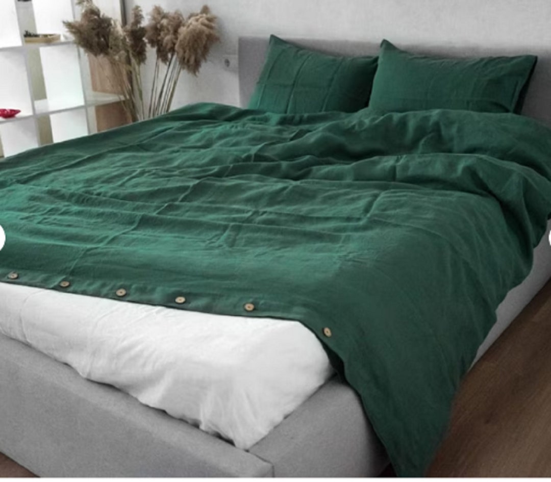 Emerald Green Bedding Set 100% Washed Cotton Duvet Cover Softened Boho ...