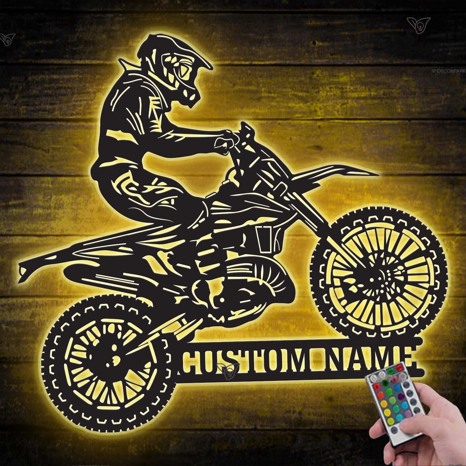 Personalized Motocross Biker Metal Wall Art LED Lights Custom Dirt Bike ...