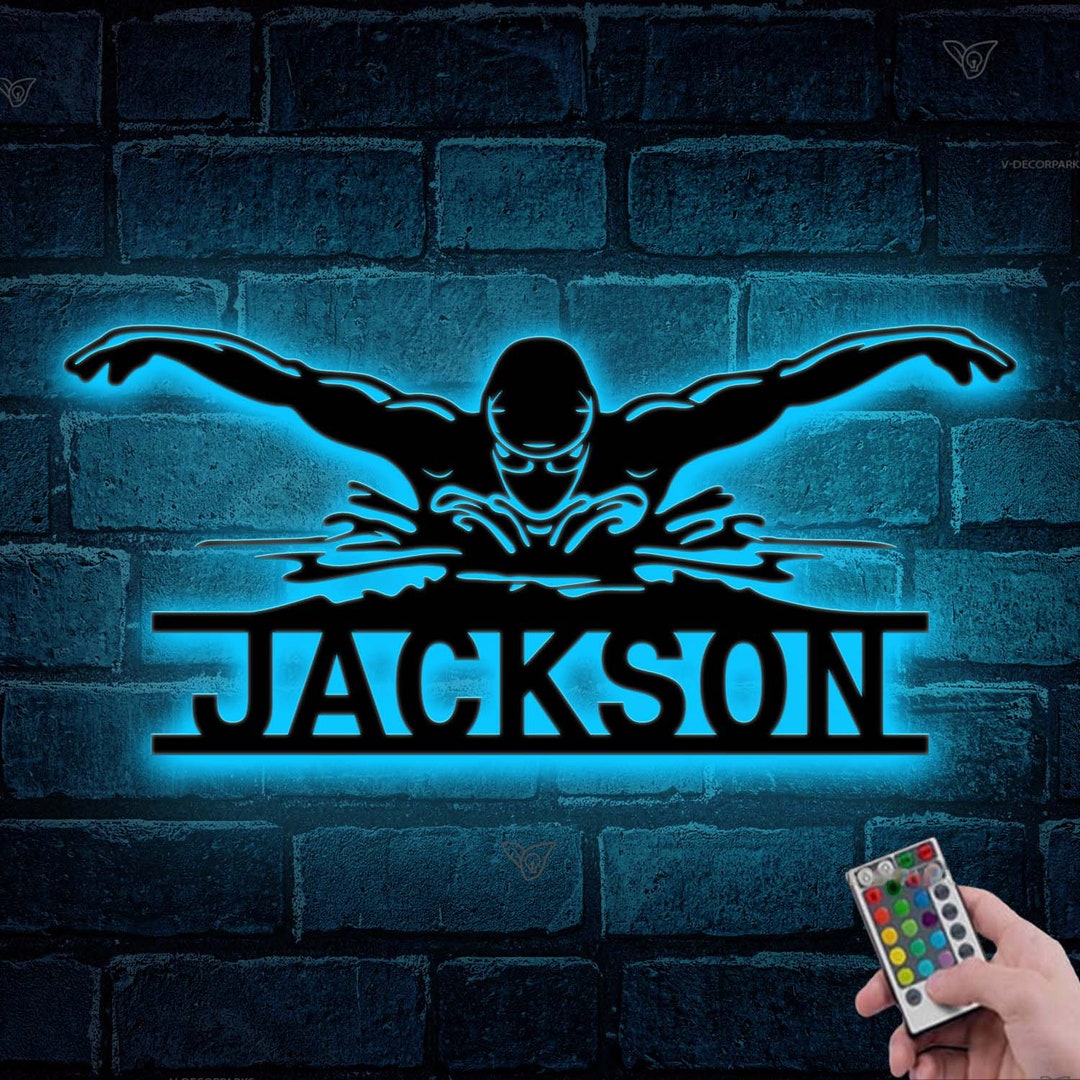 Custom Man Swimmer Metal Wall Art LED Light Personalized Swimming Sign ...