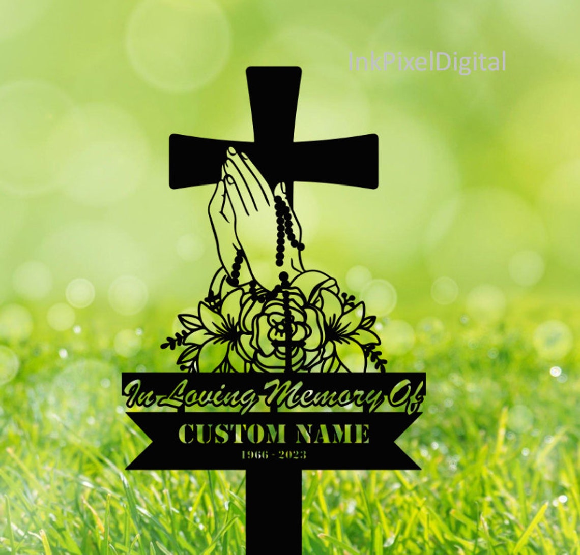 Personalized Cross With Praying Hand Memorial Stake, Remembrance Stake ...