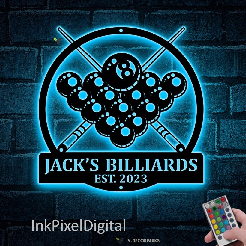 Personalized Billiard Metal Wall Art LED, Custom Billiards Sign ...