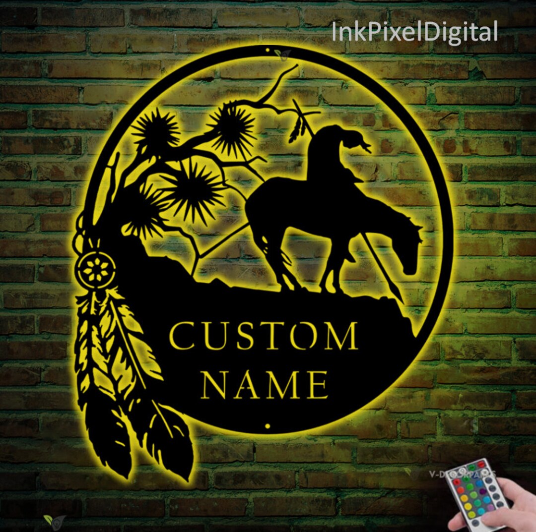 Custom Native American With Horse Metal Wall Art LED Light,father's Day ...