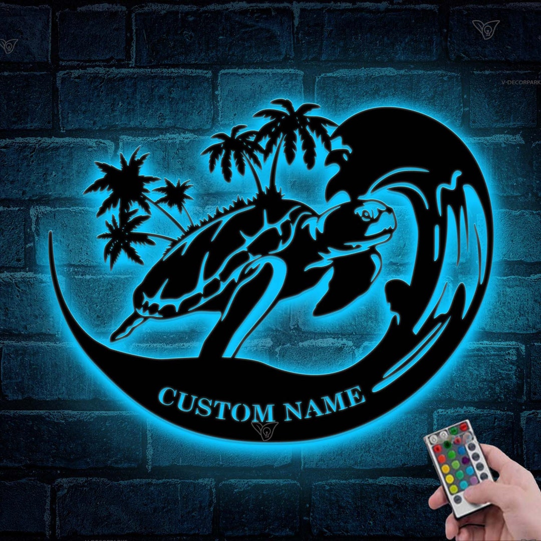 Custom Sea Turtle Palm Tree Metal Wall Art LED Personalized Marine ...