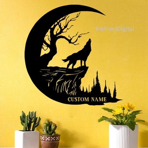 Custom Howling Wolf Sign Personalized Wolf on the Srescent Moon Forest ...