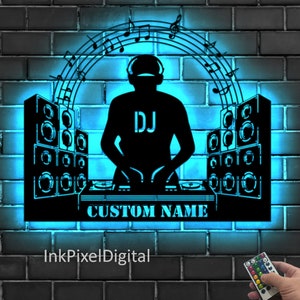 Personalized DJ Disc Jockey Music Metal Wall Art LED Custom DJ Name ...