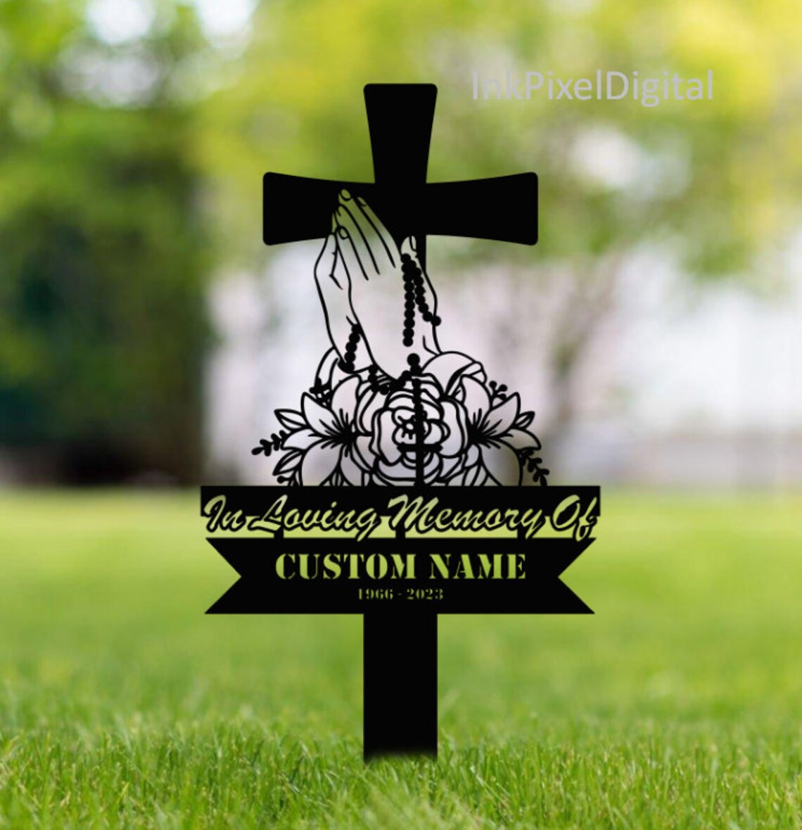 Personalized Cross With Praying Hand Memorial Stake, Remembrance Stake ...