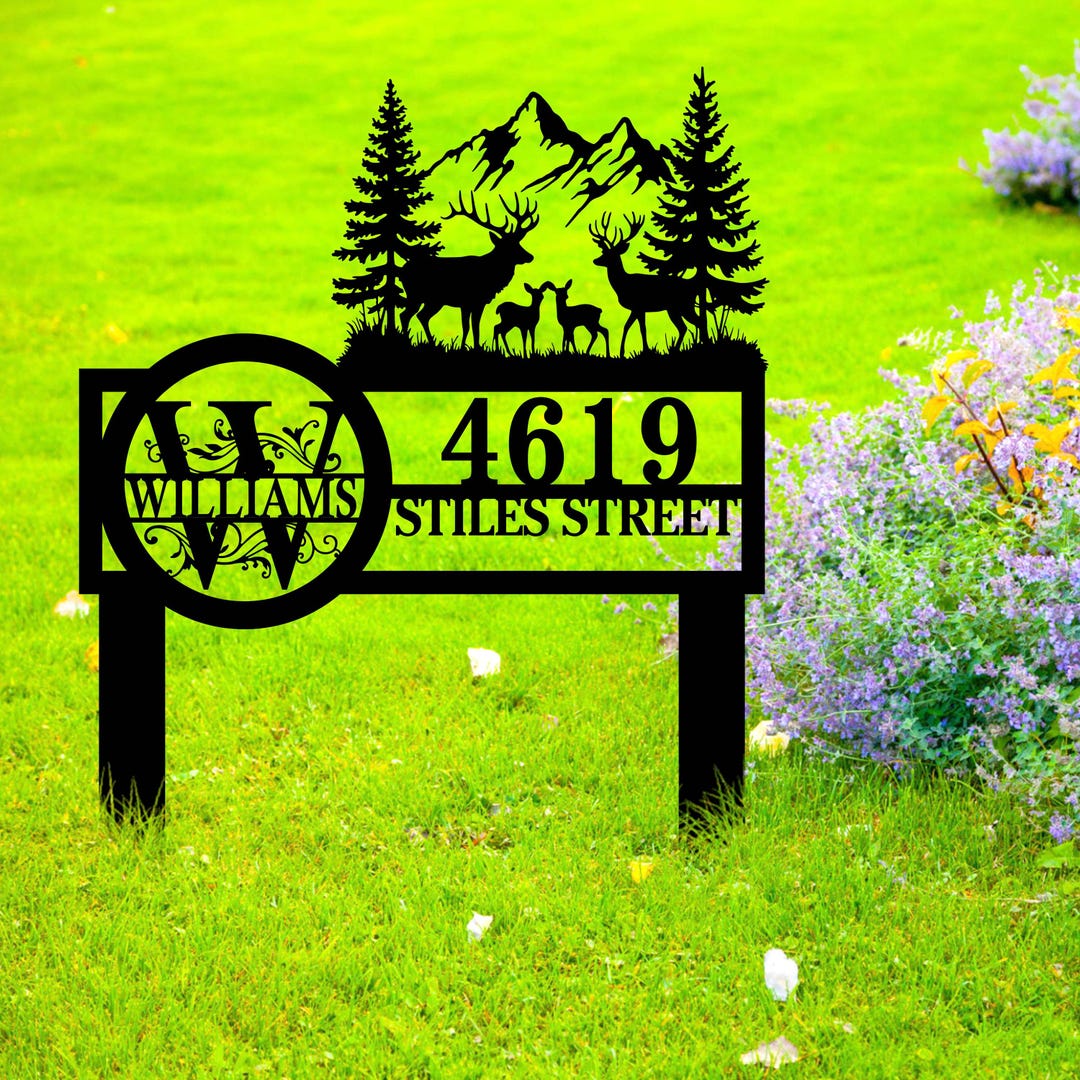 Custom Deer Address Sign With Pine Tree,metal Deer Sign,yard Sign ...