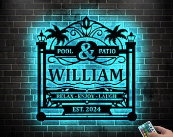 Personalized Pool & Patio Sign Backyard Bar and Grill Pool Deck Last Name Sign, Custom Pool Sign ...