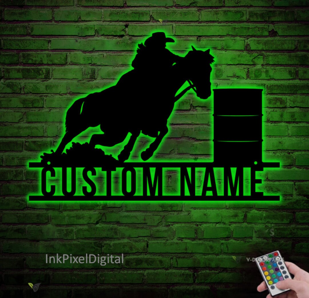 Personalized Barrel Racing Metal Wall Art Led Light, Custom Racer Name ...