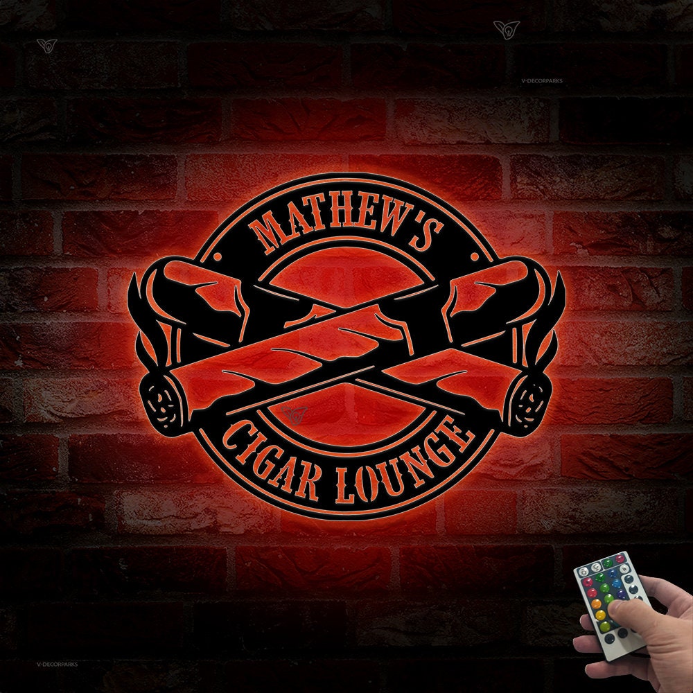 Personalized Cigar Lounge Metal Wall Art LED Light Custom Smoking Cigar ...