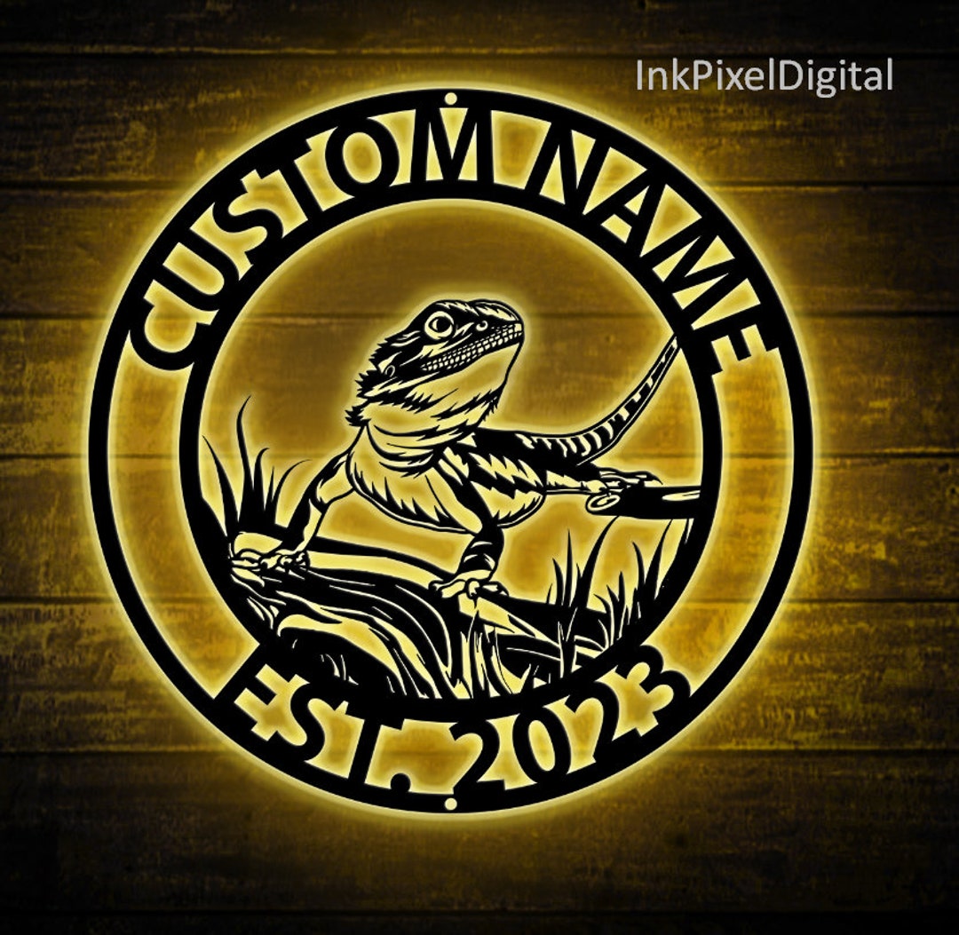 Custom Bearded Dragon Metal Wall Art LED Personalized Lizard Name Sign ...