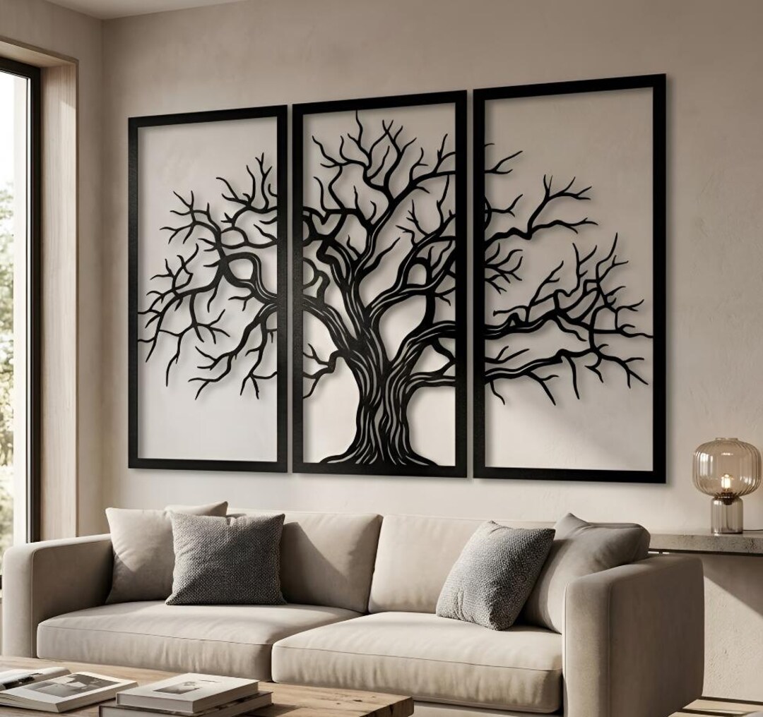 Black Tree Metal Wall Art, 3 Panel Tree Wall Decor, Minimalist Nature ...